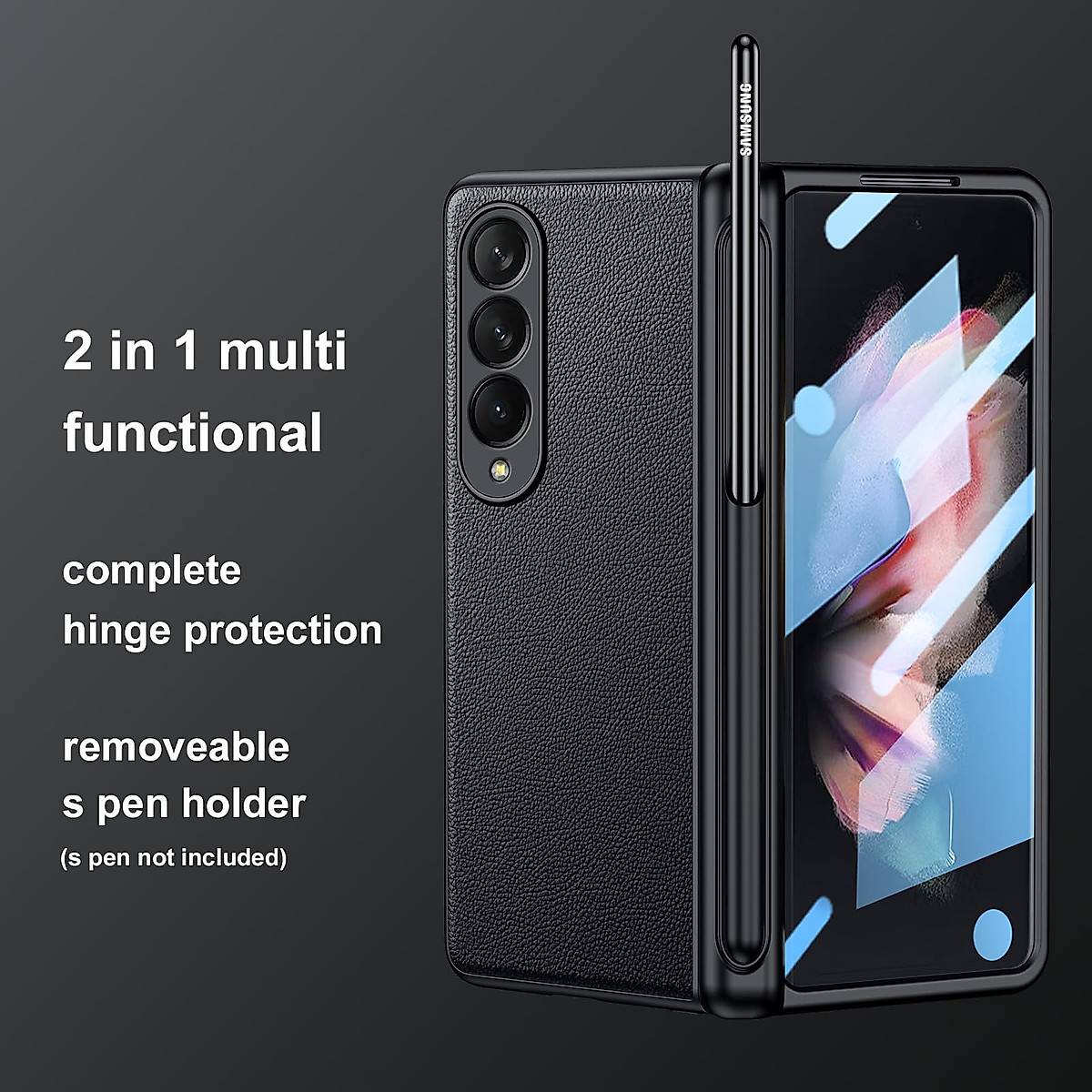 Libeagle Compatible with Samsung Galaxy Z Fold 3 Case, Support All Magsafe Accessories, Leather Back, Removable S Pen Holder on Hinge Protection, Screen Protector, Magnetic Cover 5G 2021 - Black