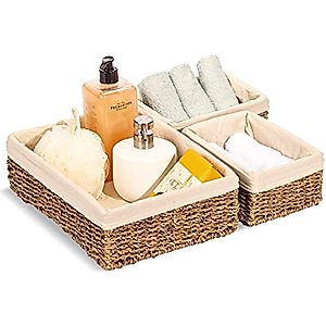 Sorbus Woven Wicker Storage Baskets for Organizing, Seagrass Decorative Shelf Organizer Bins With Liner, Organization Storage Bins For Living Room Books, -Bathroom Towels, Bedroom, Handmade, Set of 3