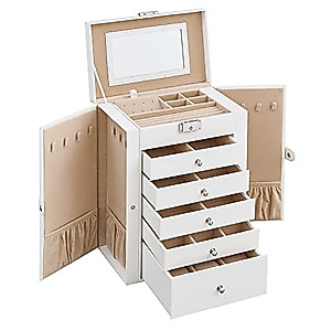 SONGMICS 6 Tier Jewelry Box, Jewelry Case with 5 Drawers, Large Storage Capacity, with Mirror, Lockable, Jewelry Storage Organizer, Gift for Loved Ones, For Watches, White UJBC152W01