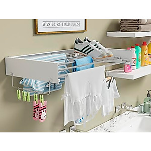SKIKEN Wall Mounted Hidden Drying Rack for Laundry Room, Wall Compact Clothes Drying Rack, Space Saving Master, Collapsible and Pull-Out, 5 Stainless Steel Rods, 2 Towel Handles (Medium-32, White)