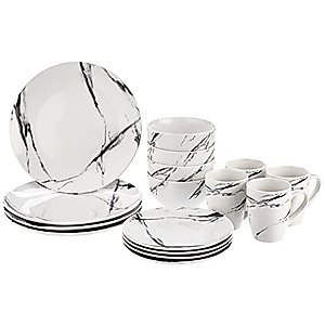 American Atelier Marble Black Coup Casual Round Porcelain Dinnerware Set-16 Piece Party Collection w/ 4 Dinner Salad Plates, 4 Bowls & 4 Mugs, 10.5", White