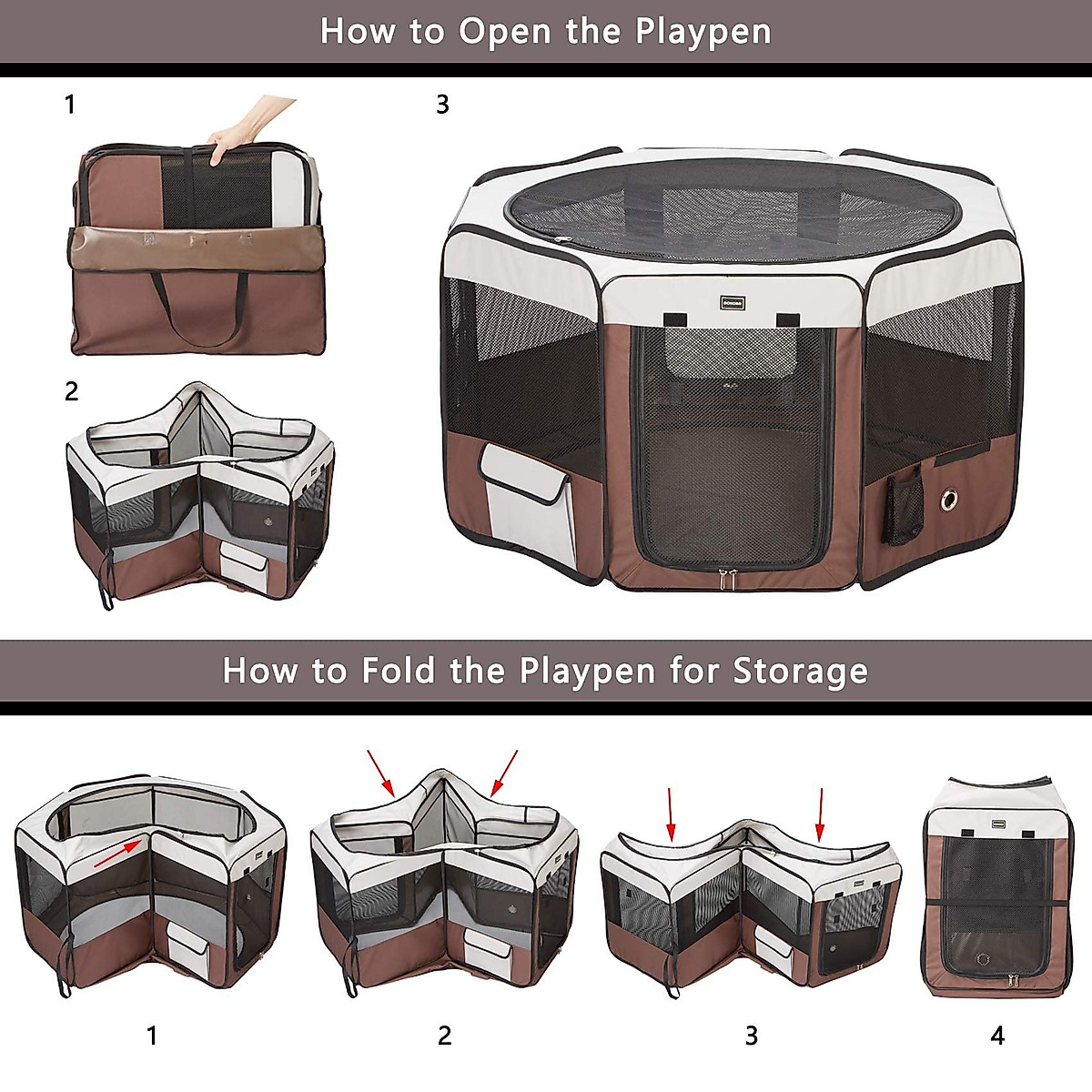 DONORO Dog Playpen 29" Portable Pet Play Pens for Small Dog/Cat/Rabbit/Chicks, Foldable Exercise Kennel Tent Crate Indoor/Outdoor Travel Camping, Removable Top/Bottom (Brown, Small (29"x29"x15"), 8)