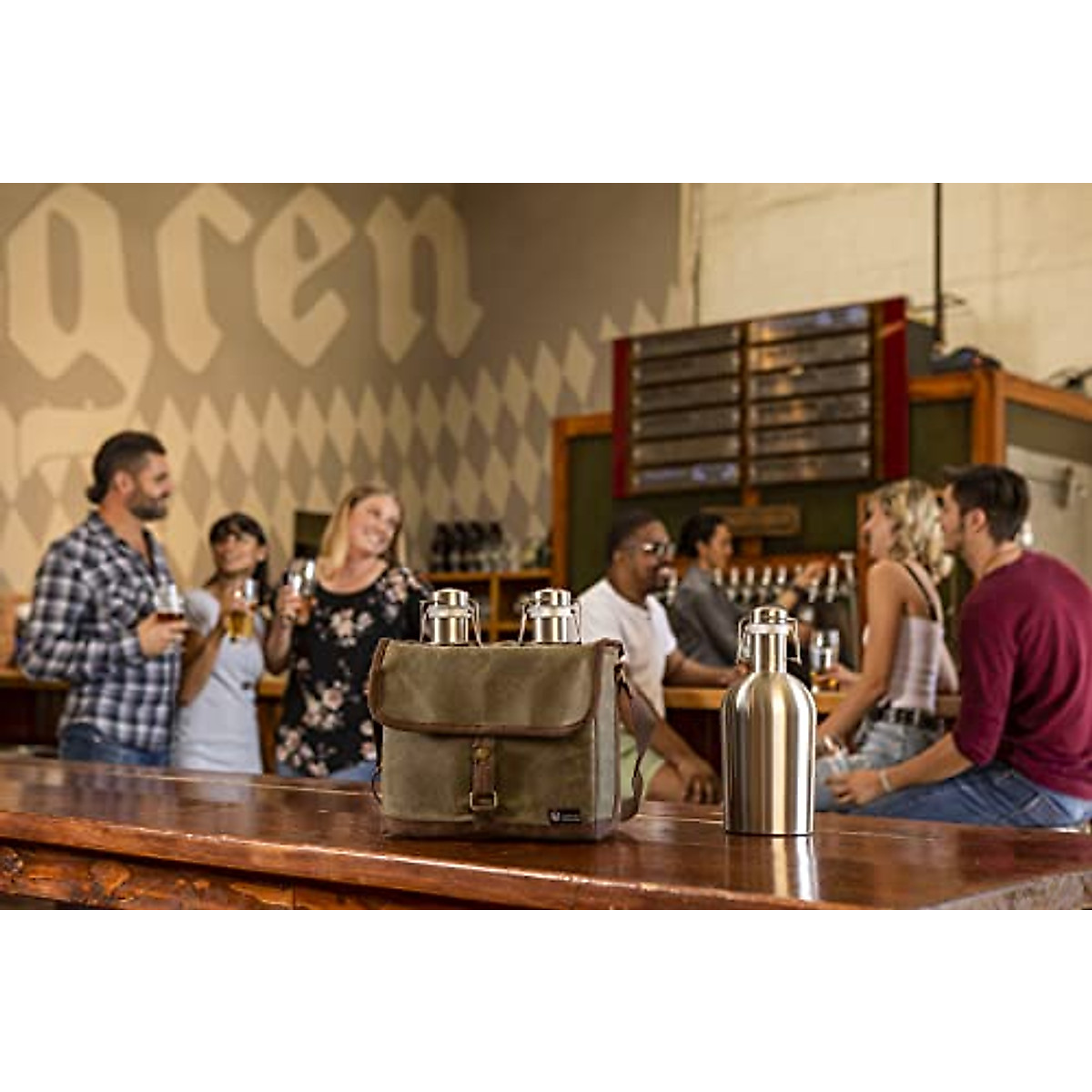 LEGACY - a Picnic Time brand Insulated Double Growler Tote with 64 oz. Stainless Steel Growlers, Beer Gifts for Men, Waxed Canvas Bag Water Bottle Carrier, (Khaki Green with Brown Accents)