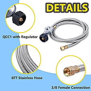 JEASOM 6 Feet Propane Regulator and Hose Universal Grill Regulator Replacement with Stainless Steel Braided Hose Replacement for LP Gas Grill, Heater and Fire Pit Table