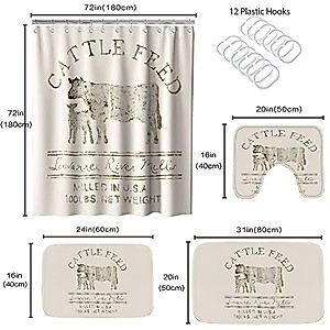 Final Friday Farmhouse Cattle Feed Cow Rustic Bathroom Sets with Shower Curtain 72Wx72H and Rugs and Accessories Decor with Bath Mat, U-Shaped Contour Velvet Washable 20 x 31 inches Ivory White