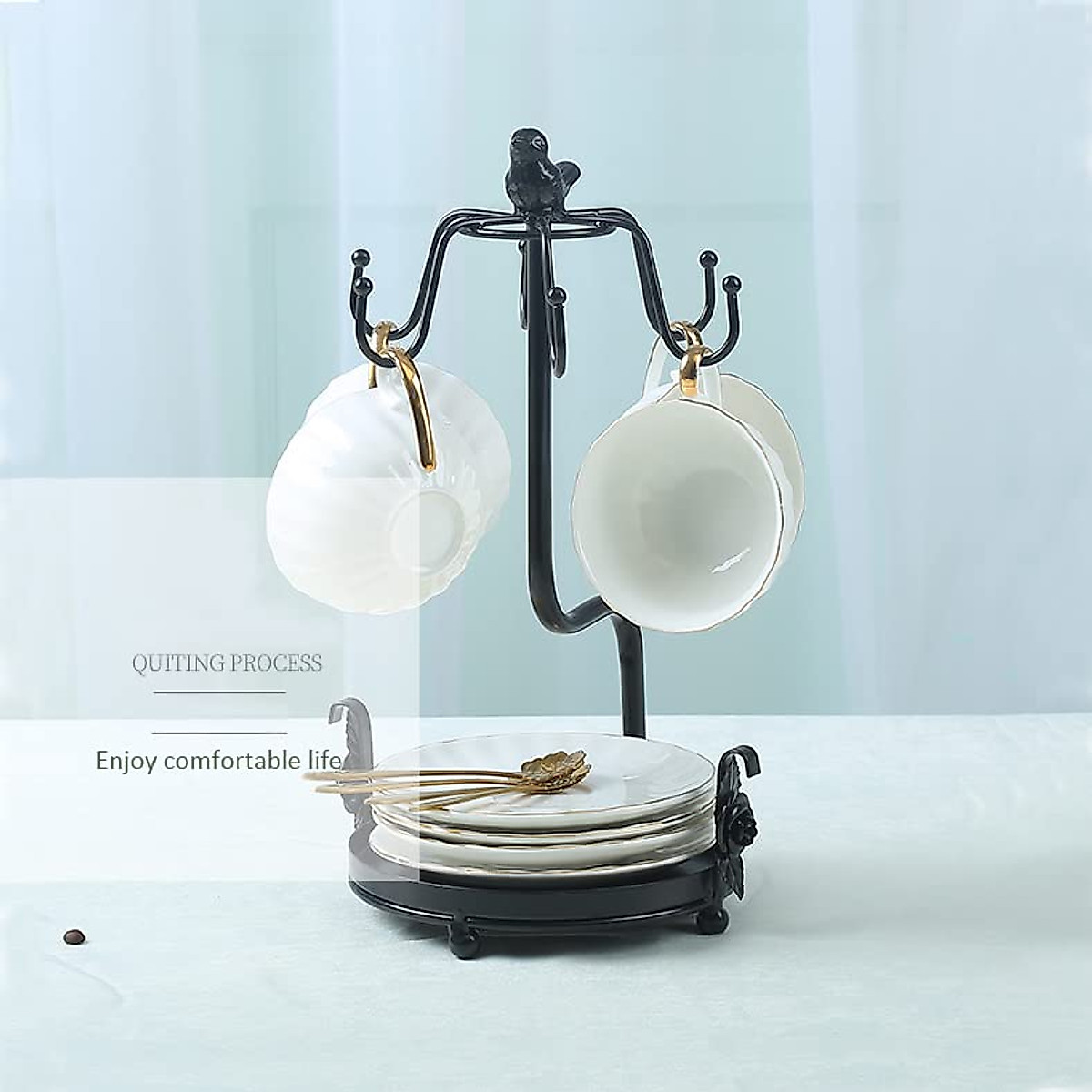 LWXPAIYY Coffee Mug Tree Holder,Tea Cup Storage Rack with Small Storage Area for Counter,Mug Holders Countertop for 6 TeaCups,Metal Coffee Mug Tree Stand Rack with 6 Hooks (Black)