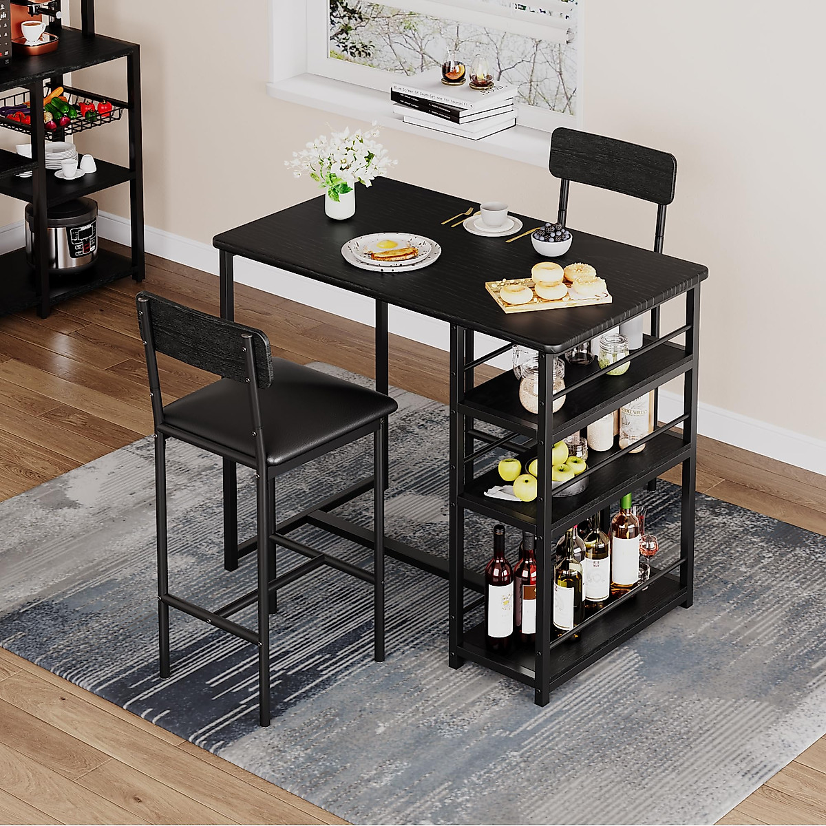 IDEALHOUSE Kitchen Table Set, Dining Table and Chairs for 2, 3 Piece Dining Room Table Set with 2 Upholstered Chairs, Bar Dining Table Set for Small Spaces, Apartment, Breakfast, Pub, Rustic Black