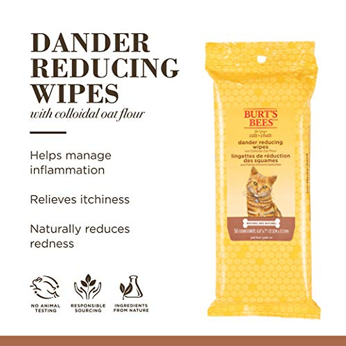 Burt's Bees for Cats Natural Dander Reducing Wipes | Kitten and Cat Wipes for Grooming | Cruelty Free, Sulfate & Paraben Free, pH Balanced for Cats - Made in USA - 2 Pack
