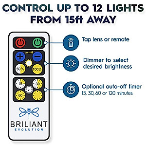Brilliant Evolution Stick On Lights with Remote - Lights for Under Cabinets in Kitchen - Under Cabinet Lighting - Wireless Tap On LED Puck Lights - Under Counter Lights - Battery-Powered Lights (3pk)