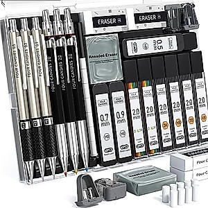 FourCandies 25PCS Art Mechanical Pencil Set with Case, 3PCS Metal Artist Lead Pencil 0.5, 0.7, 0.9 mm & 3PCS 2mm Lead Holder(HB 2H 2B 4B Color) with 432PCS Graphite Lead Refills for Drawing Sketching