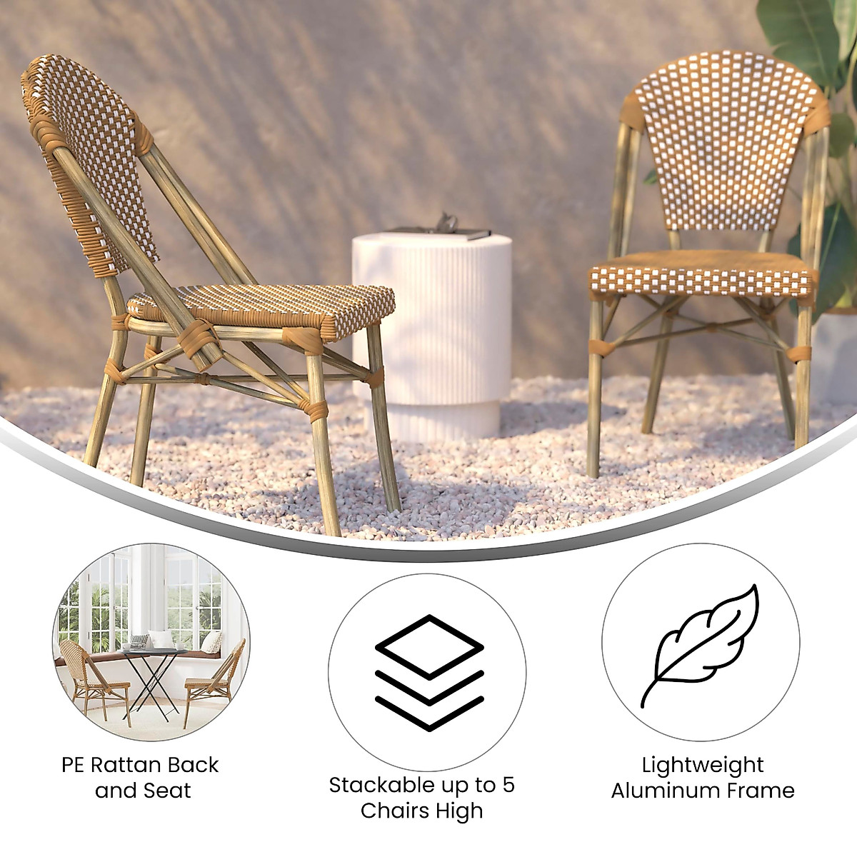 EMMA + OLIVER Colmar Bistro Chair - Natural & White Woven PE Seat and Back - Light Bamboo Finish Aluminum Frame - Set of Two