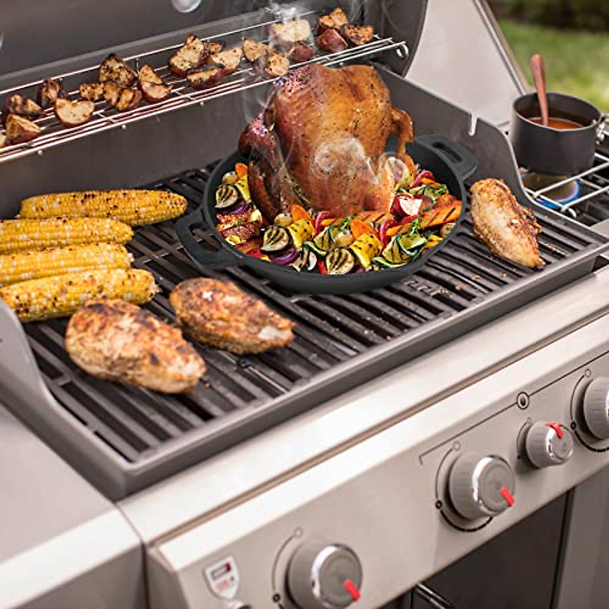 Onlyfire Universal Cast Iron Chicken Roaster, Pre-Seasoned Poultry Roaster Beer Can Turkey Holder with Roasting Pan for Most Grills and Oven