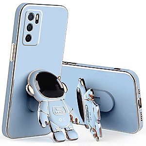 Compatible with Oppo A16 Case with Plating Creative Astronaut Cartoon Holder Pink,Oppo A16s Phone Case Silicone Shockproof Stand Soft TPU Protective Slim Cover (Blue)