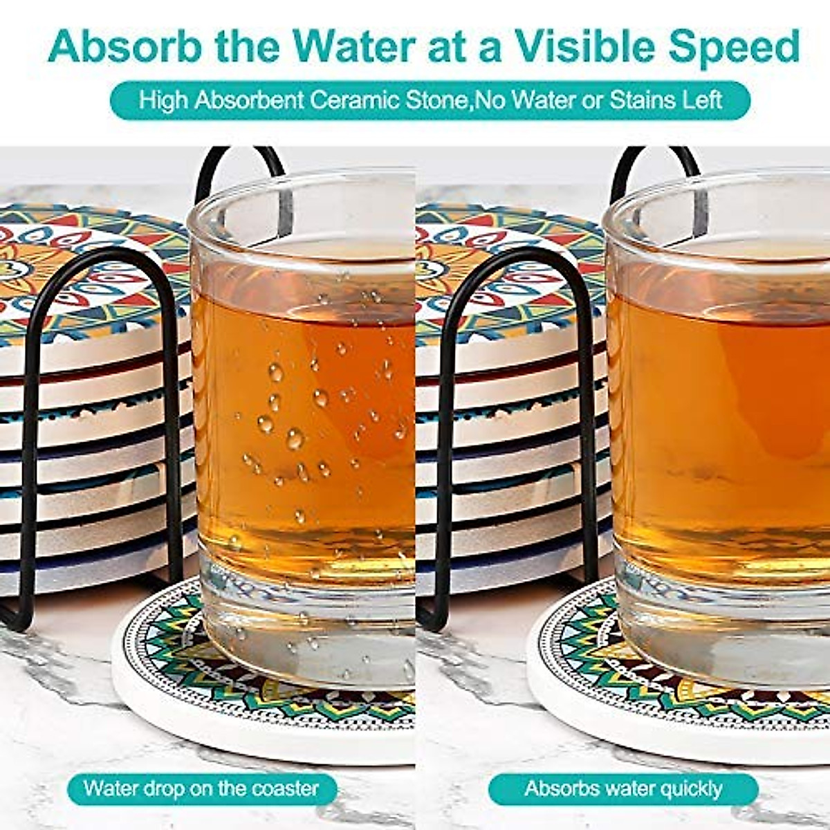 Coasters for Drinks,AODINI Set of 8 Absorbent Stone Coasters for Wooden Table, Mandala Ceramic Coasters with Cork Base, Gift for Housewarming Birthday and Family - Great Home and Dining Room Decor