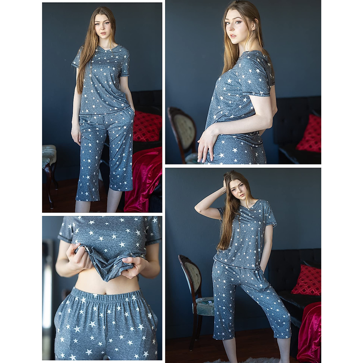 Ekouaer Women's Sleepwear Capri Pajama Sets Short Sleeve Two-Piece Pjs V Neck Tops & Capri Pants with Pockets S-3XL