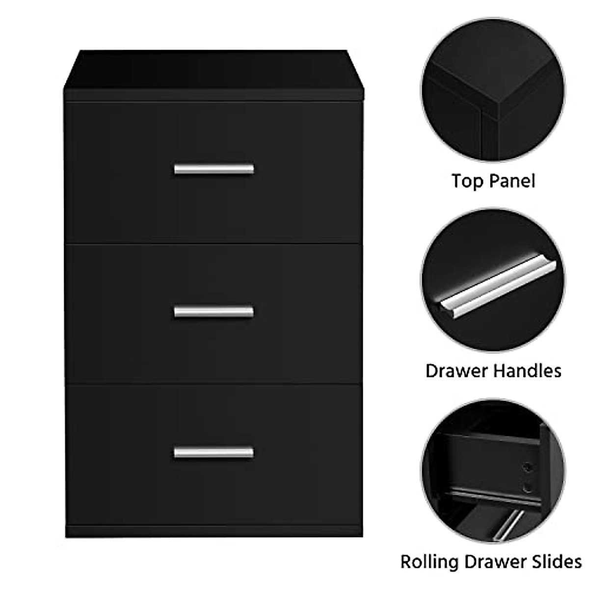 Yaheetech Wood Nightstand, Bedside Table with 3 Drawers, Bedside Cupboard with Metal Handles, Small Drawer Cabinet Unit with Storage for Bedroom/Small Space, Black