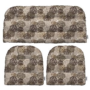 RSH DECOR: 3-Piece Wicker Tufted Cushion Set | 44” x 22" & 22" x 22" | All-Weather Spun Fabric | Water-Resistant | Outdoor Loveseat & U-Shape Cushions for Patio Furniture | Blooms Matte Black Floral