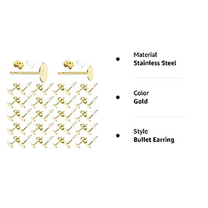 Earring Posts Stainless Steel, Flasoo 1200Pcs Hypoallergenic Earring Posts and Backs, Gold Flat Pad Earring Studs with Clutch for Earring Making and DIY Stud Earring Supplies