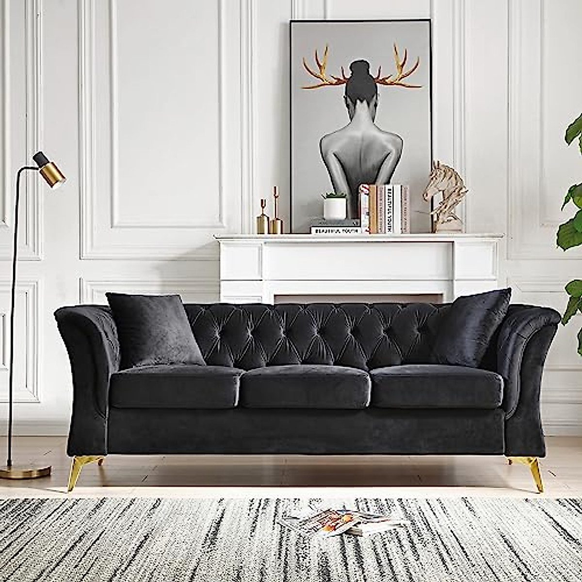 kevinplus 84'' Chesterfield Sofa Couch for Living Room, Modern Velvet 3-Seat Upholstered Sofa Couch for Apartment Bedroom Dorm Office, Strong Gold Metal Legs, 2 Pillows, Black