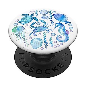 Cute Sea Ocean Life Turtle Crab Seahorse Fish Watercolor PopSockets PopGrip: Swappable Grip for Phones & Tablets