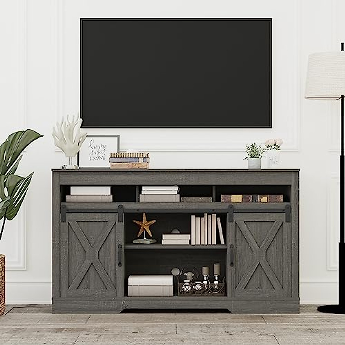 windaze Farmhouse 65 inch TV Stand, Entertainment Center with Sliding Barn Doors, Dark Grey