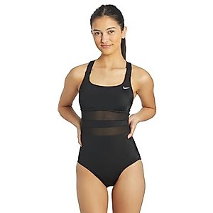 NIKE Swim Women's Standard Mesh Solid Edge V-Back One Piece Swimsuit, Black, Medium