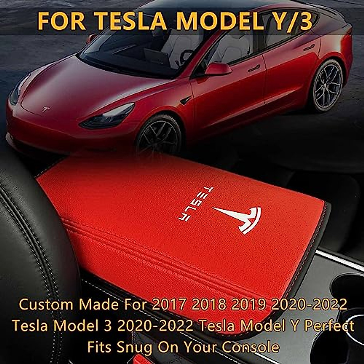 WUDUWUKA Car Armrest Cover for Tesla Model 3/Y PU Leather Center Console Cover for Tesla Waterproof Auto Armrest Box Cover Decoration Interior for Model 3 2017-2023 or Model Y 2020-2023-Red