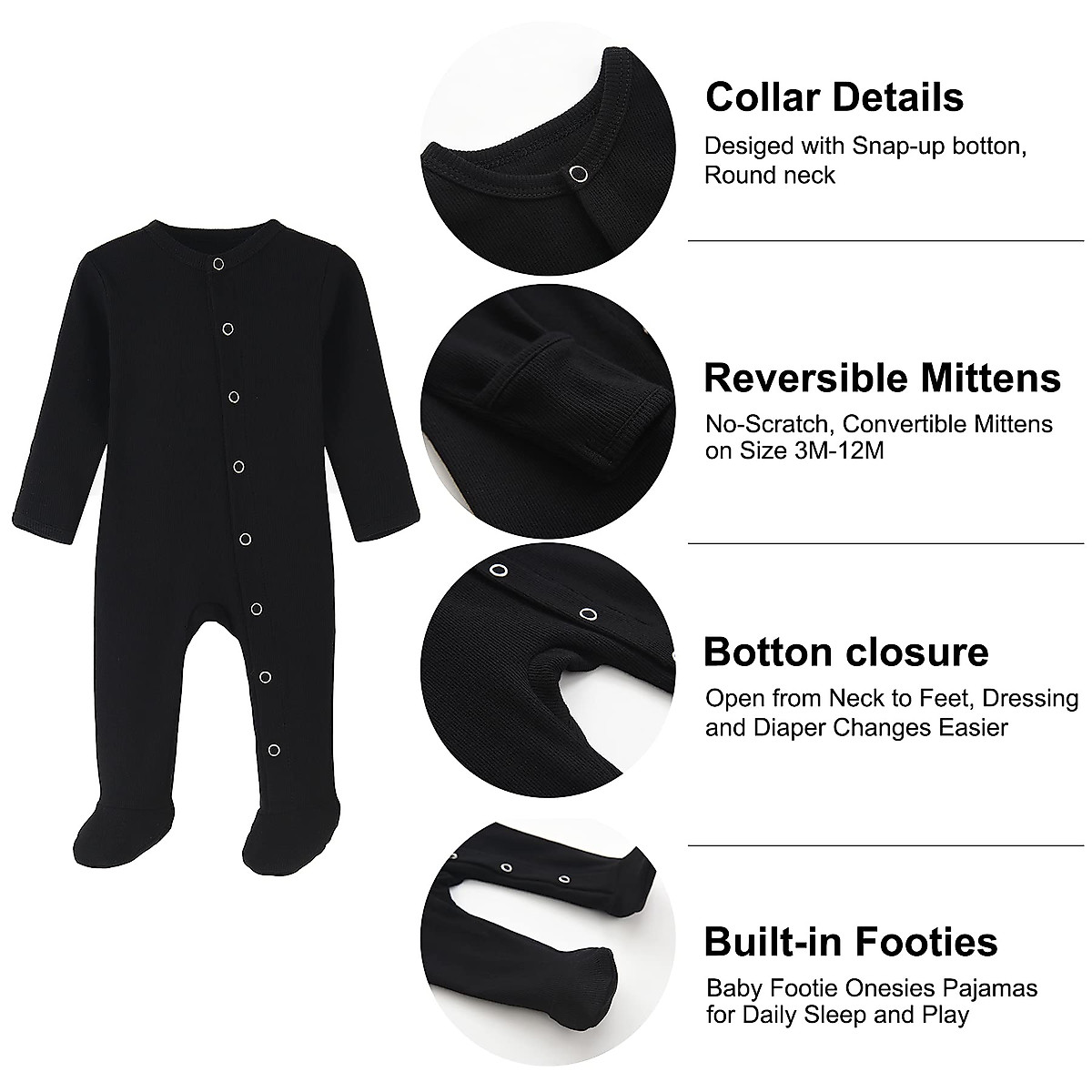 ACESTAR Newborn Baby Footed Pajamas with Mitten Cuffs - Cotton Unisex Snap-Up Baby Sleepers for Sleep and Play Footies Pjs (0-3 Months, Black)