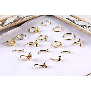 Sundurich Stainless Steel Nose Ring for Women Men 20G Nose Rings Hoops Nose Studs L Shaped Nose Ring Stud Set Paved CZ Flower Snake Cute Nose Piercing Jewelry Gold Tone
