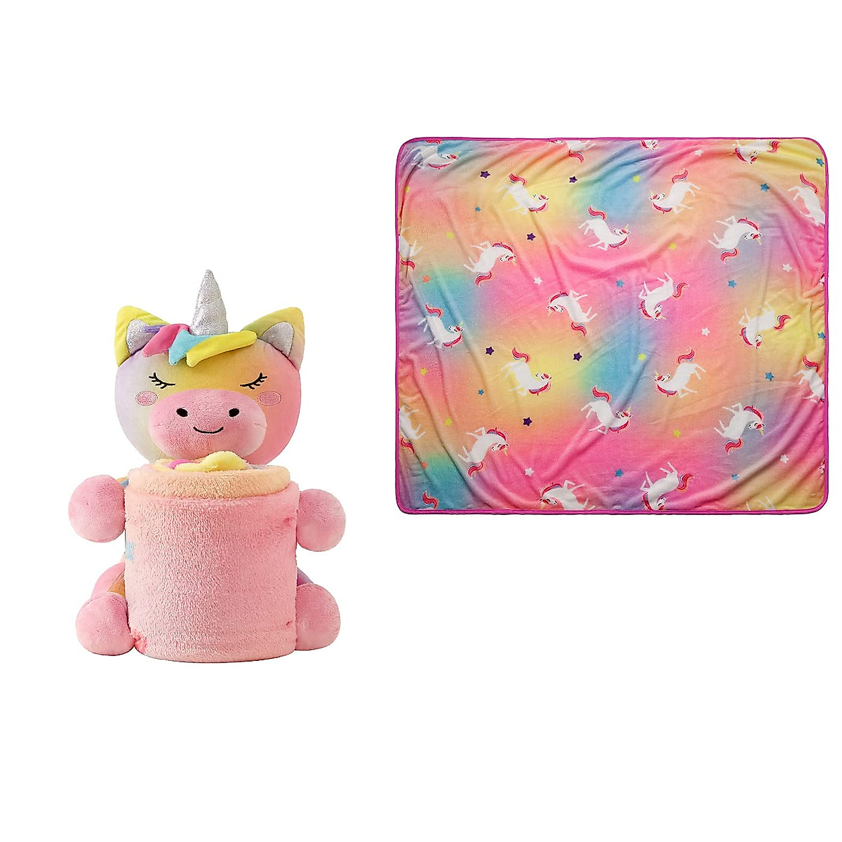 Girl's Unicorn Stuffed Animal Plush Blanket Set - Kids, Security Throw, Snuggle Pet & Comfort Sleeping Toy, Pink
