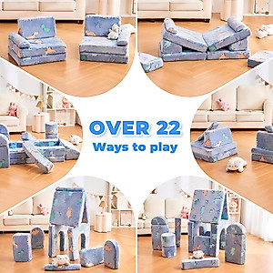 IFNOW 14pcs Modular Kids Play Couch, Kids Couch Toddler Couch, Child Sectional Sofa, Bedroom and Playroom Furniture for Toddlers, Blue Glow, Convertible Foam and Floor Cushion for Boys and Girls, Dino