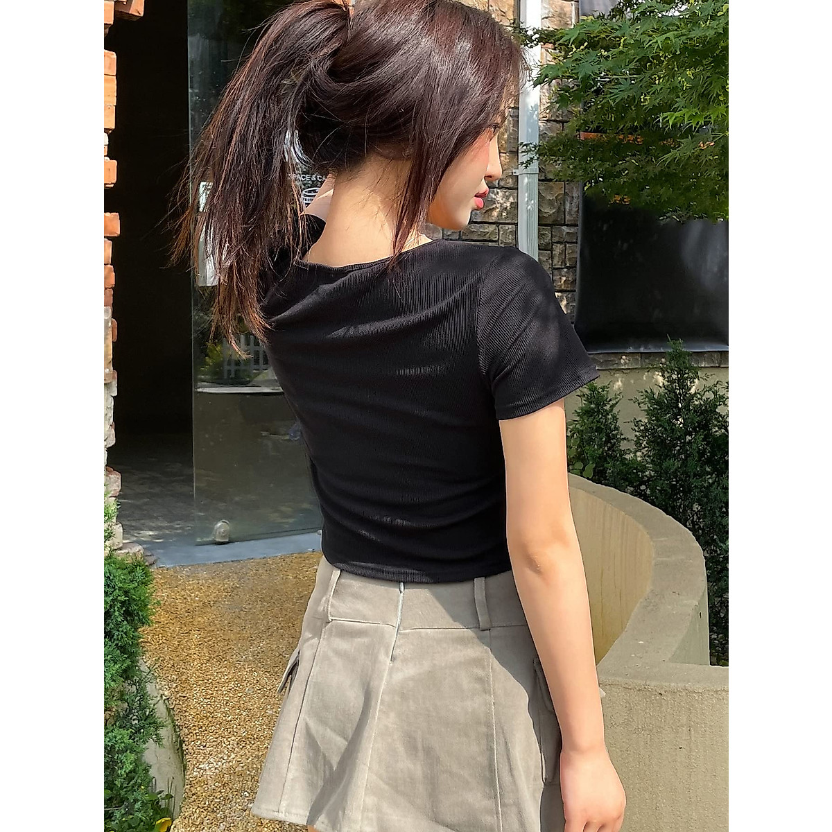 Floerns Women's Keyhole Neckline Asymmetrical Hem Heart Ring Short Sleeve Tee Shirt Black XL