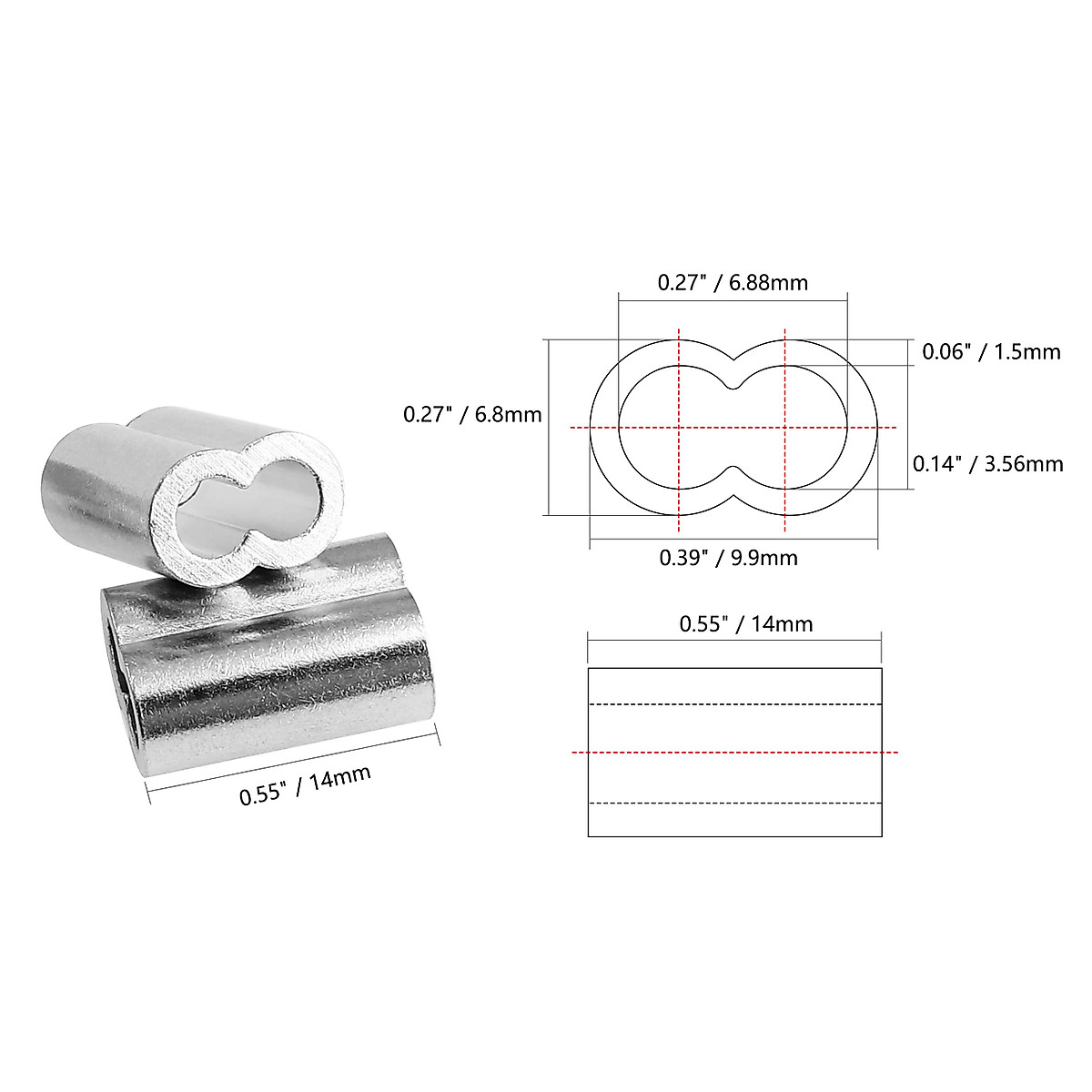 PHITUODA 100pcs 1/8 Inch Aluminum Crimping Loop Sleeve for Wire Rope and Cable, Double Hole Type