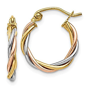 Amanda Rose Collection 14K Tri Colored Gold Twisted Hoop Earrings for Women 1/2 inch|14K White, Rose and Yellow Gold