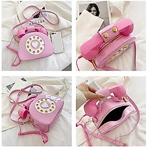 Fozehlad Novelty Telephone Shaped Shoulder Bag Funny Retro Phone Crossbody Bag Totes Chain Purse(Patent Leather,Pink)