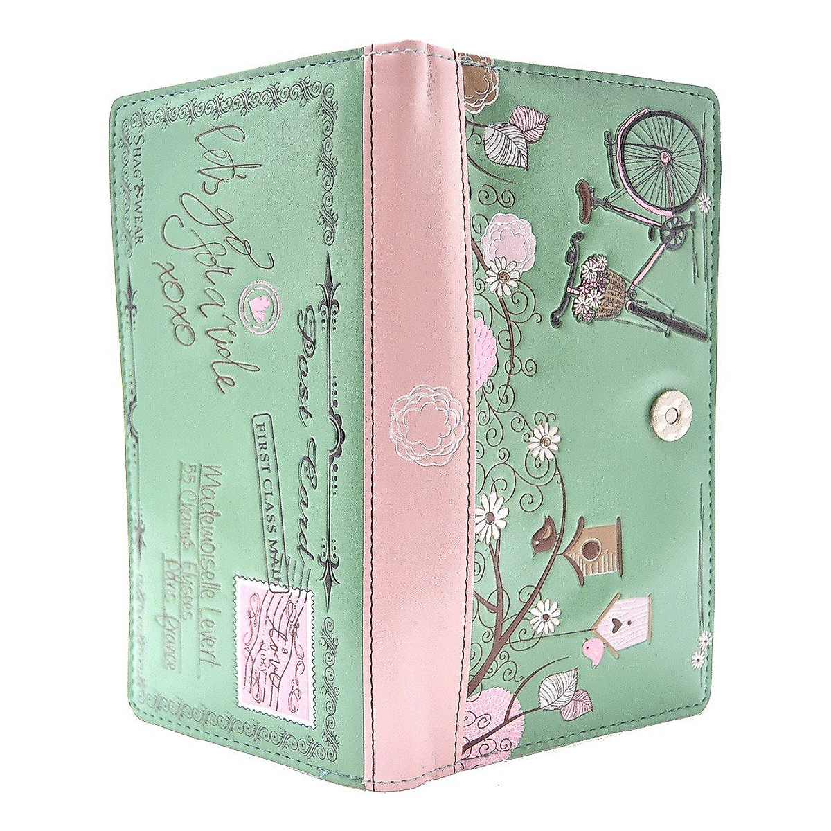 Shag Wear Vintage Postcard Floral Bicycle Large Wallet for Women and Teen Girls Vegan Faux Leather Teal 7"