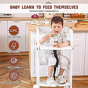 Rendpas Toddler Step Stool With Meal Tray, Wooden Kids Learning Tower For Kitchen Helper and Convertible High Chair, Adjustable Bathroom Step Stool With Safety Rail (White)