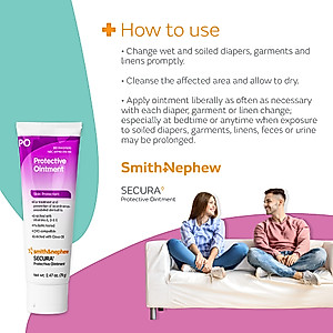 Smith+Nephew SECURA◊ Protective Ointment, Diaper Rash Ointment Tube, Dermatitis Moisturizer, Contains Vitamin A, D, and E, 2.47 Ounces