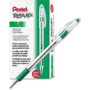 Pentel R.S.V.P. Ballpoint Pen, Medium Point, Green Ink (BK91-D) 12 Total