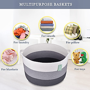 BOSROTY Extra Large Blanket Basket 87L, Laundry Hamper, Baby Nursery Hamper, Large Laundry Basket For Girls Boys, Cotton Rope Basket, Clothes Basket Laundry, 22”x 14”, White & Gray