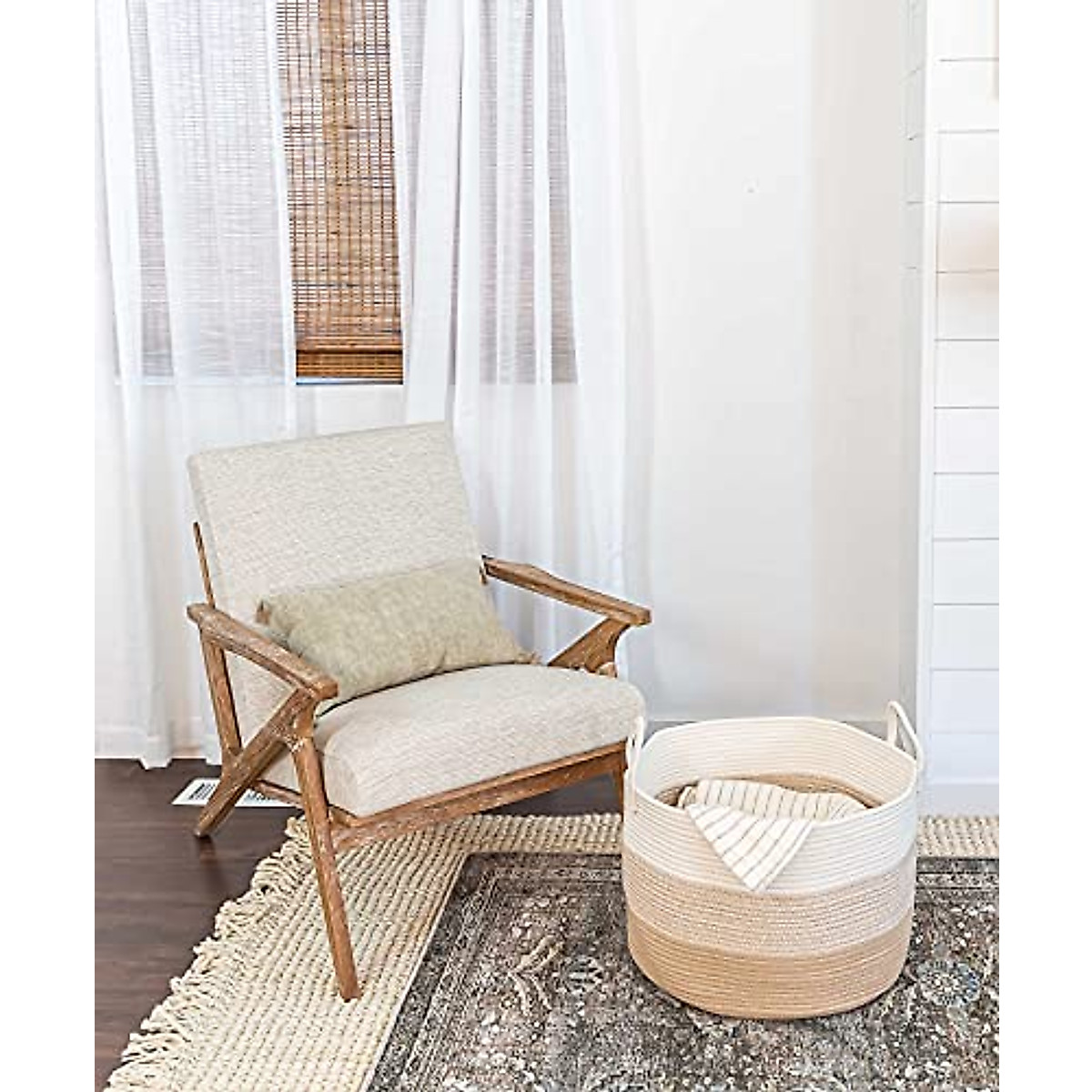 OrganiHaus Woven Baskets for Storage | Modern Boho Laundry Basket | Cotton Rope Blanket Basket for Living Room | Extra Large Storage Basket for Kids | Laundry Hamper & Blanket Holder - Honey (20x13)