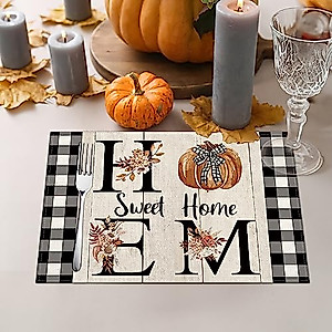Fall Placemats Set of 4,12x18 Inch Home Sweet Home Buffalo Plaid with Pumpkin Heat-Resistant Place Mats,Seasonal Autumn Table Decors for Farmhouse Kitchen Dining Thanksgiving Holiday Party