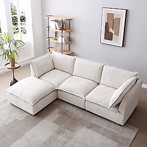 JURMALYN 99.3" Modern Sectional Sofa Couch for Living Room L-Shape Sofa 3 Seater Cloud Couch with Ottoman,Comfy Feather Sofa with 2 Pillows Fabric Couch Set for Apartment Office Beige