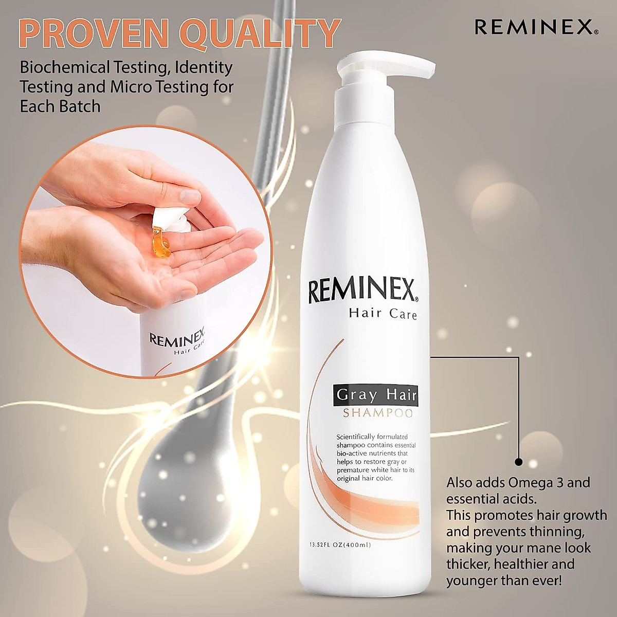 Reminex Anti Gray Hair Shampoo - Proprietary Treatment Infused with Argan Oil To Help Restore Gray And White Hair To Its Natural Color - 13.5 Oz No Paraben (1 Pack)