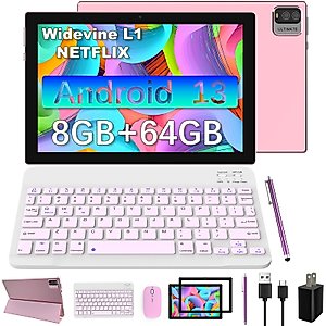 2 in 1 Tablet, 10 inch Android 13 Tablet with Keyboard 8GB+64GB+512GB Expand Dual Camera, IPS Touch Screen Tablet Computer, WiFi, Bluetooth, Long Battery Life, Google Certified Tablet PC, Pink