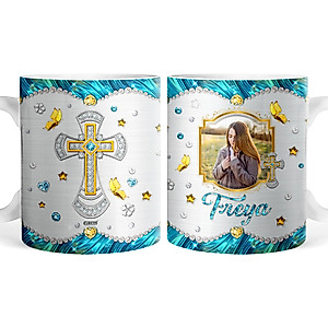 White Ceramic Coffee Mug Photo Mugs Personalized Picture Christian Custom Name Faith Birthday Gifts For Women Mom Mothers Day Novelty Tea Cup Table Desk Jewelry Style 11 and 15 Oz