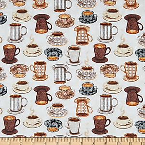 Windham Fabrics Whistler Studios Coffee Connoisseur Mug Collection Fabric, Cream