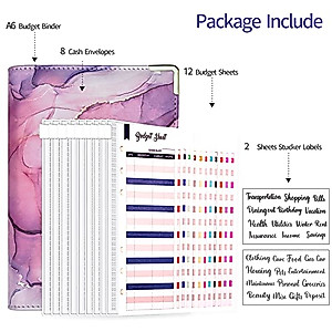 Budget Binder, A6 Marble PU Leather Binder, 6 Ring Budget Planner Organizer with 8 Zipper Cash Envelopes, 12 Expense Budget Sheets, 2 Letter Label Sticker for Budgeting, Saving Money (Purple)
