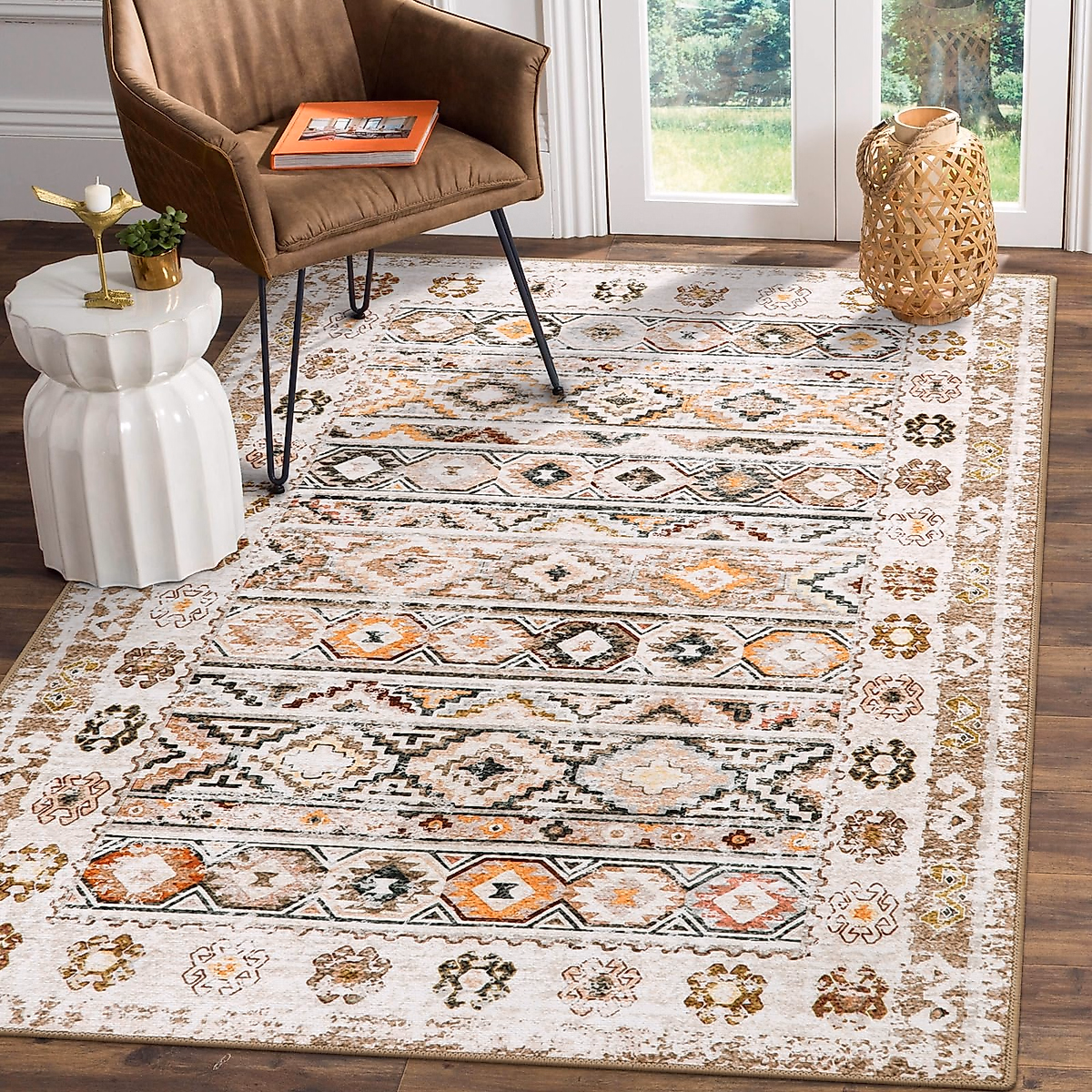 Wonnitar Boho Washable 3x5 Area Rug, Non-Slip Moroccan Entry Rug Distressed Throw Rug for Bedroom, Non-Shedding Western Aztec Low Pile Floor Carpet for Kitchen Bathroom Entrance (Khaki/Multi,3'x5')