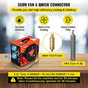 VEVOR PCP Air Compressor, Auto-stop Powered by DC 12V Car or Home AC 110V/220V, 4500Psi/30Mpa/300Bar w/Built-in Water/Oil Adapter & Cooling Fan for Paintball, Scuba, Air Rifle